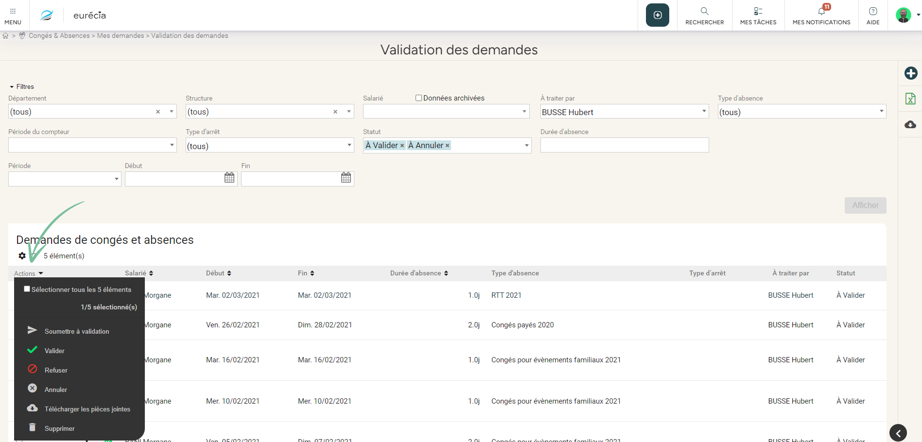 Valider une demande d’absence – Centre d'aide Eurécia